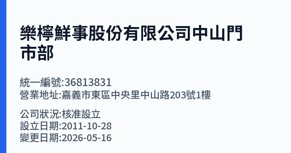 樂檸鮮事股份有限公司中山門市部的照片-統編 36813831(嘉義市) 公司登記資料與營業項目詳細圖表