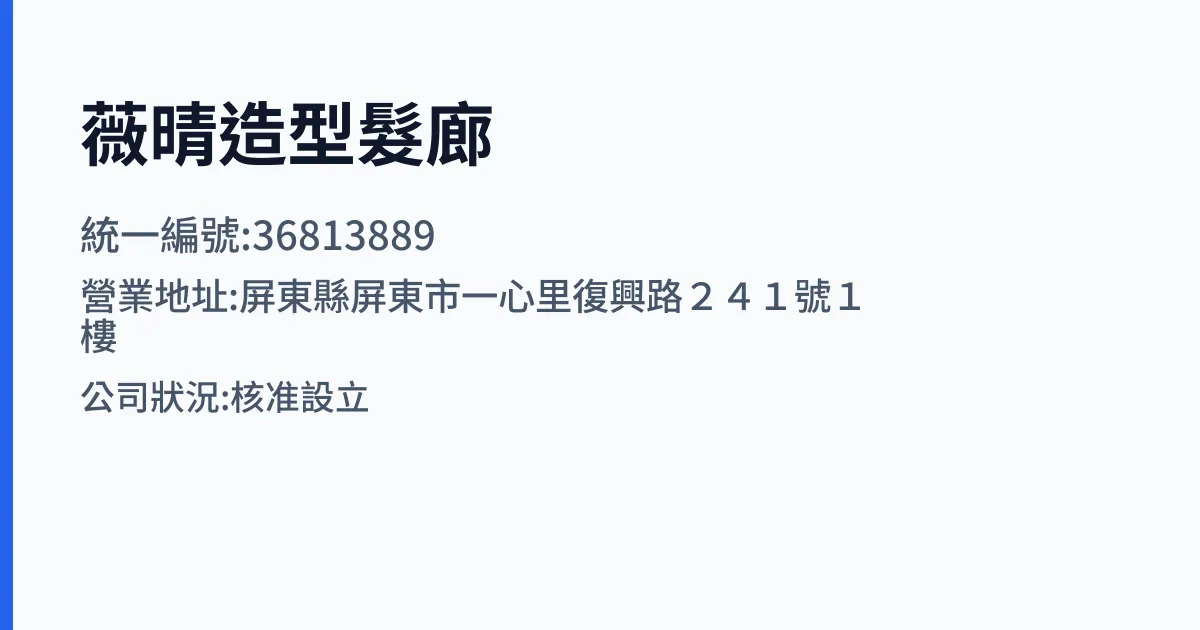 薇晴造型髮廊 - 統編 36813889(屏東縣) 公司登記資料與營業項目詳細圖表