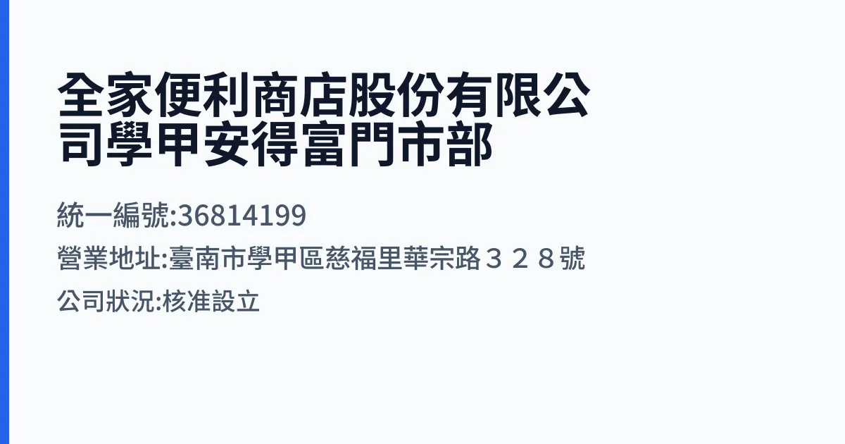 全家便利商店股份有限公司學甲安得富門市部 - 統編 36814199(臺南市) 公司登記資料與營業項目詳細圖表