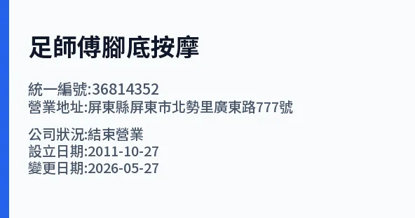 足師傅腳底按摩的照片-統編 36814352(屏東縣) 公司登記資料與營業項目詳細圖表