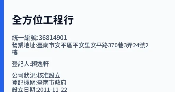 全方位工程行的照片-統編 36814901(臺南市) 公司登記資料與營業項目詳細圖表