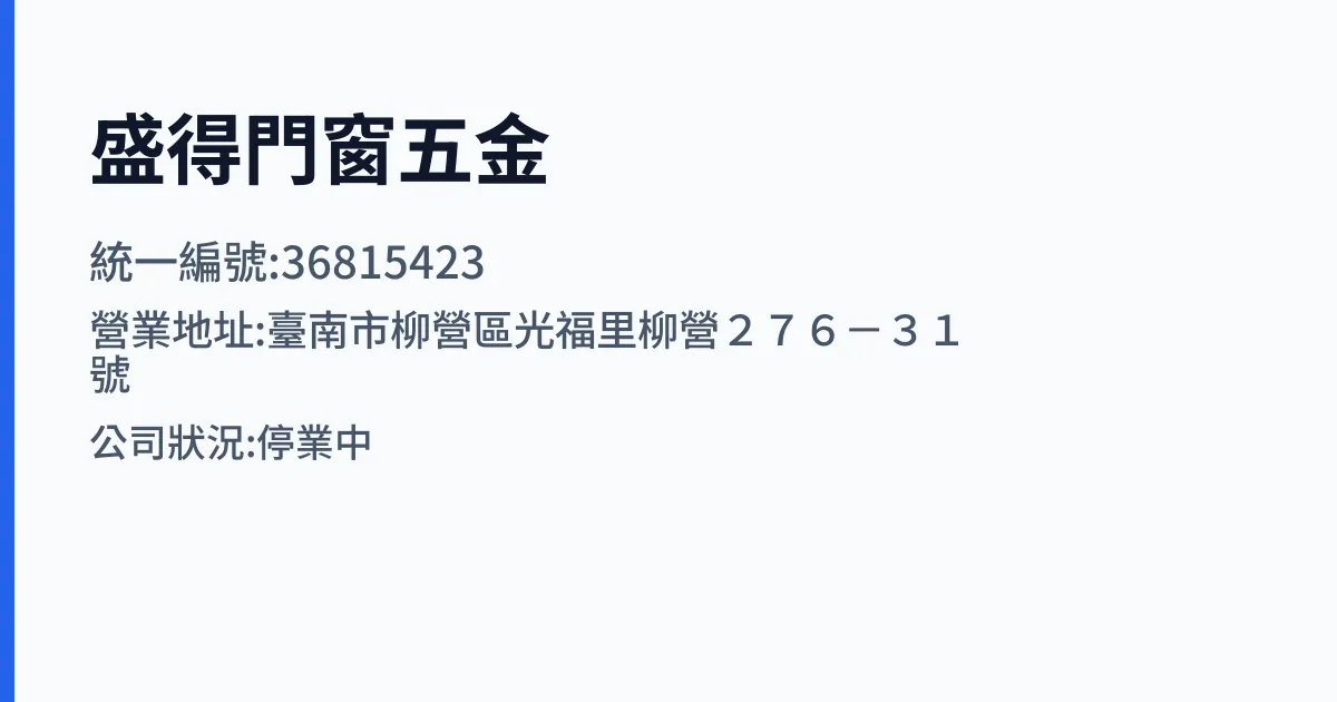 盛得門窗五金 - 統編 36815423(臺南市) 公司登記資料與營業項目詳細圖表