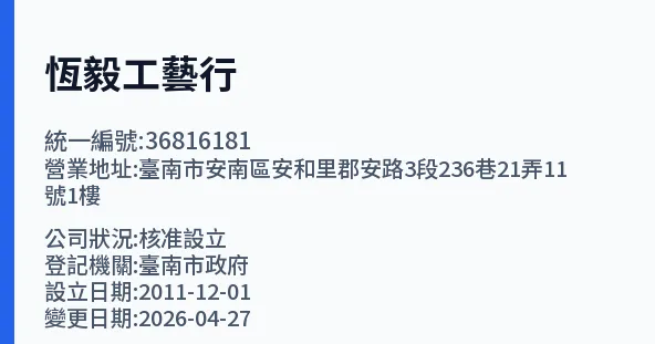 恆毅工藝行的照片-統編 36816181(臺南市) 公司登記資料與營業項目詳細圖表