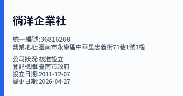 徜洋企業社的照片-統編 36816268(臺南市) 公司登記資料與營業項目詳細圖表