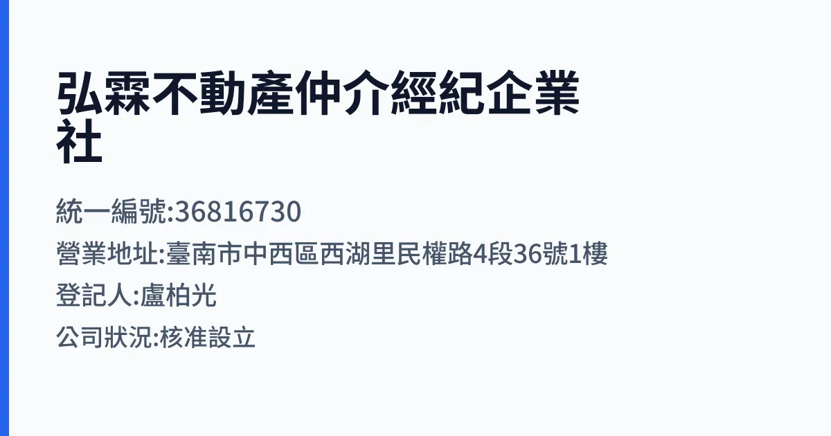 弘霖不動產仲介經紀企業社 - 統編 36816730(臺南市) 公司登記資料與營業項目詳細圖表