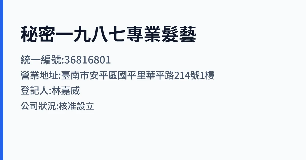 秘密一九八七專業髮藝 - 統編 36816801(臺南市) 公司登記資料與營業項目詳細圖表