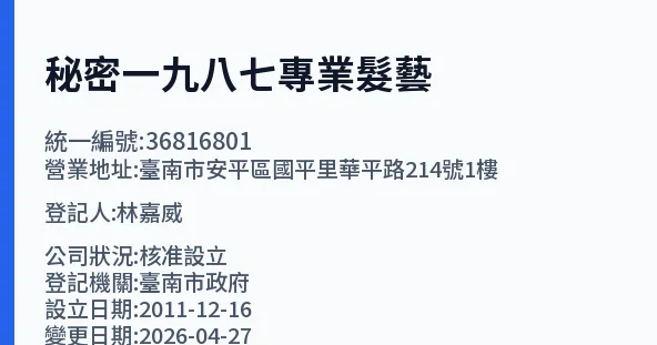 秘密一九八七專業髮藝的照片-統編 36816801(臺南市) 公司登記資料與營業項目詳細圖表