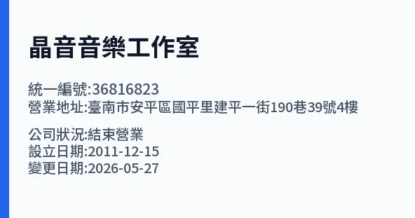 晶音音樂工作室的照片-統編 36816823(臺南市) 公司登記資料與營業項目詳細圖表