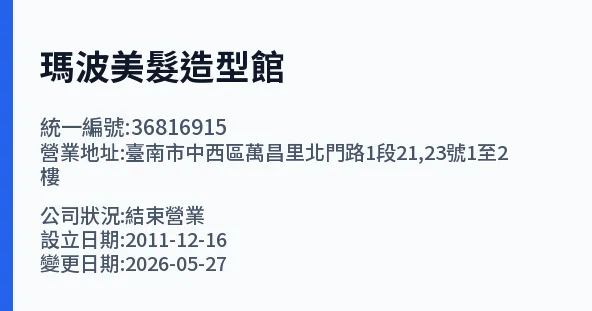 瑪波美髮造型館的照片-統編 36816915(臺南市) 公司登記資料與營業項目詳細圖表