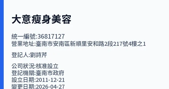 大意瘦身美容的照片-統編 36817127(臺南市) 公司登記資料與營業項目詳細圖表