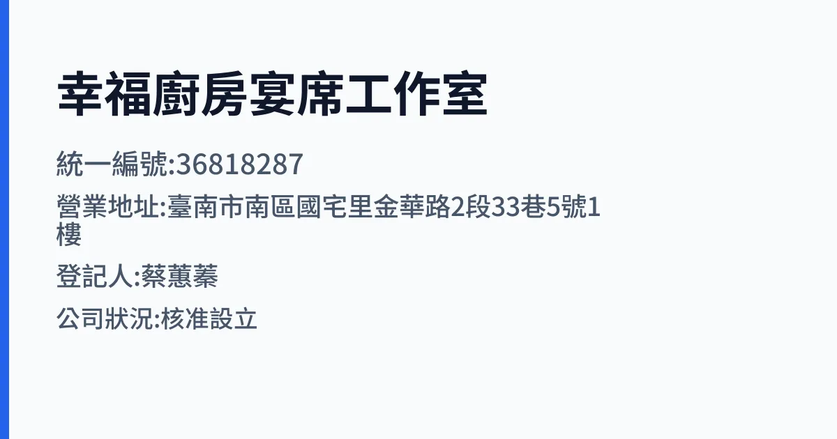 幸福廚房宴席工作室 - 統編 36818287(臺南市) 公司登記資料與營業項目詳細圖表