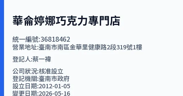 華侖婷娜巧克力專門店的照片-統編 36818462(臺南市) 公司登記資料與營業項目詳細圖表
