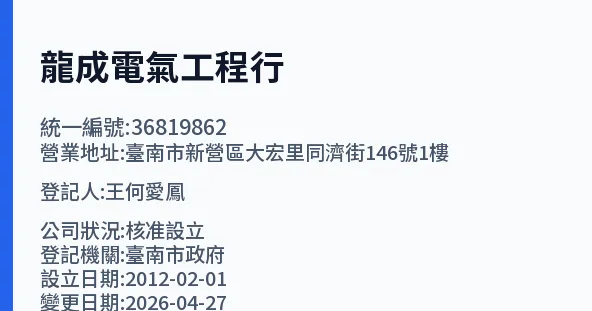 龍成電氣工程行的照片-統編 36819862(臺南市) 公司登記資料與營業項目詳細圖表