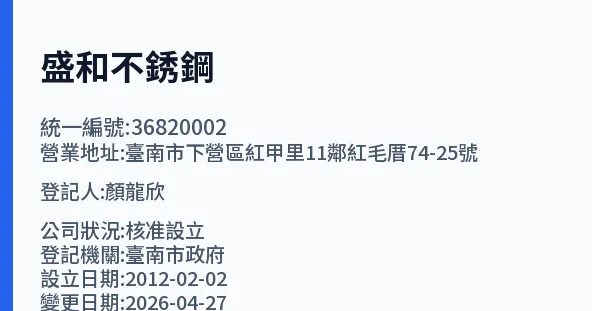 盛和不銹鋼的照片-統編 36820002(臺南市) 公司登記資料與營業項目詳細圖表