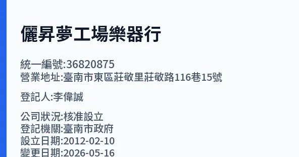 儷昇夢工場樂器行的照片-統編 36820875(臺南市) 公司登記資料與營業項目詳細圖表
