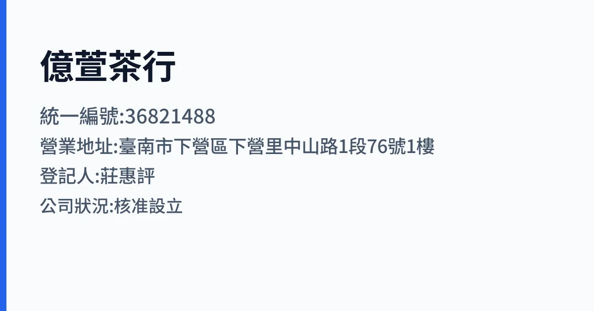 億萱茶行 - 統編 36821488(臺南市) 公司登記資料與營業項目詳細圖表