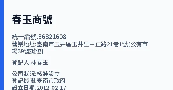 春玉商號的照片-統編 36821608(臺南市) 公司登記資料與營業項目詳細圖表