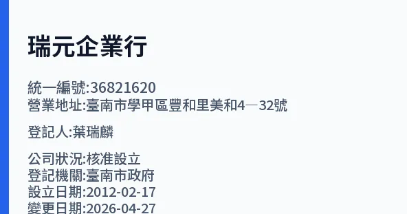 瑞元企業行的照片-統編 36821620(臺南市) 公司登記資料與營業項目詳細圖表