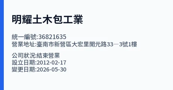 明耀土木包工業的照片-統編 36821635(臺南市) 公司登記資料與營業項目詳細圖表