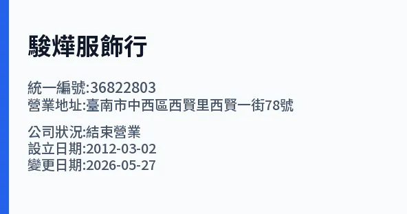 駿燁服飾行的照片-統編 36822803(臺南市) 公司登記資料與營業項目詳細圖表