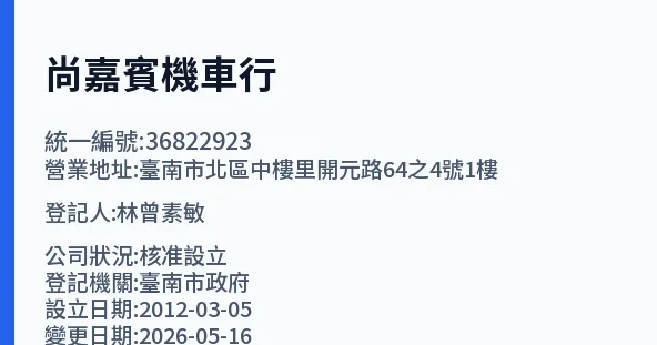 尚嘉賓機車行的照片-統編 36822923(臺南市) 公司登記資料與營業項目詳細圖表