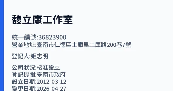 馥立康工作室的照片-統編 36823900(臺南市) 公司登記資料與營業項目詳細圖表