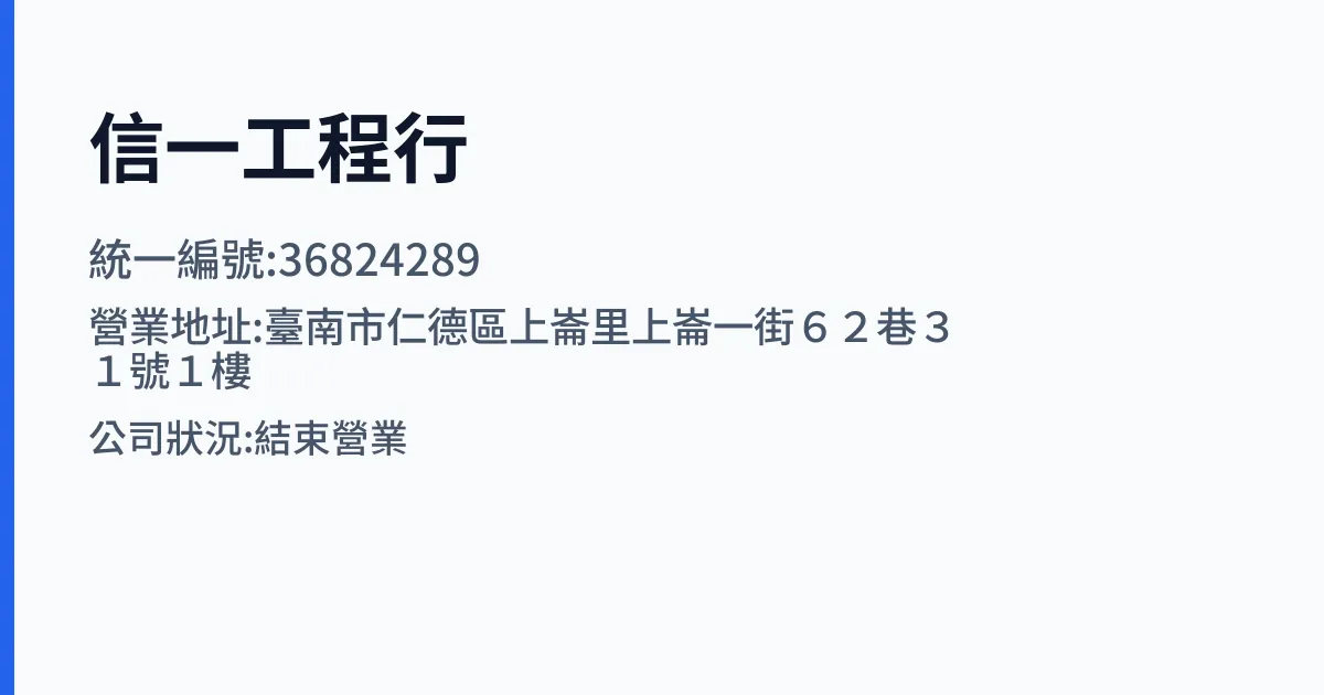 信一工程行 - 統編 36824289(臺南市) 公司登記資料與營業項目詳細圖表