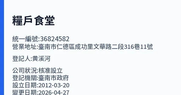 糧戶食堂的照片-統編 36824582(臺南市) 公司登記資料與營業項目詳細圖表