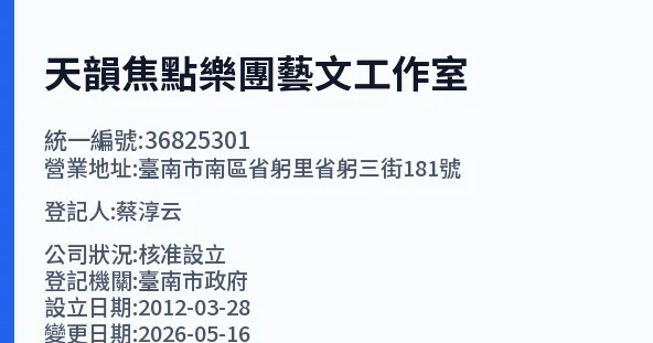 天韻焦點樂團藝文工作室的照片-統編 36825301(臺南市) 公司登記資料與營業項目詳細圖表
