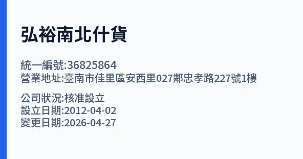 弘裕南北什貨的照片-統編 36825864(臺南市) 公司登記資料與營業項目詳細圖表