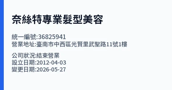 奈絲特專業髮型美容的照片-統編 36825941(臺南市) 公司登記資料與營業項目詳細圖表