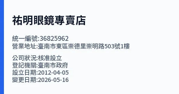 祐明眼鏡專賣店的照片-統編 36825962(臺南市) 公司登記資料與營業項目詳細圖表