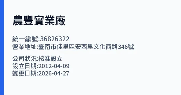 農豐實業廠的照片-統編 36826322(臺南市) 公司登記資料與營業項目詳細圖表