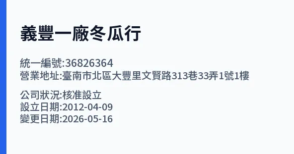 義豐一廠冬瓜行的照片-統編 36826364(臺南市) 公司登記資料與營業項目詳細圖表