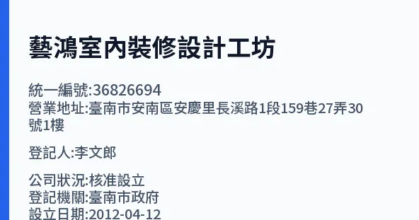 藝鴻室內裝修設計工坊的照片-統編 36826694(臺南市) 公司登記資料與營業項目詳細圖表