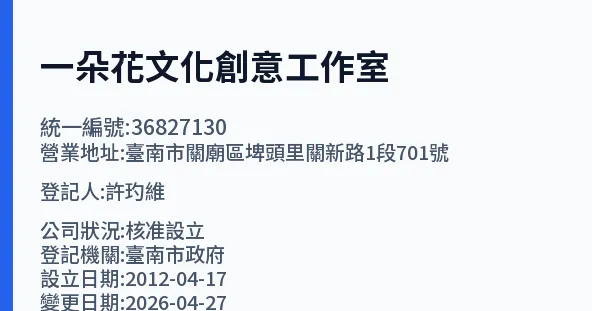 一朵花文化創意工作室的照片-統編 36827130(臺南市) 公司登記資料與營業項目詳細圖表