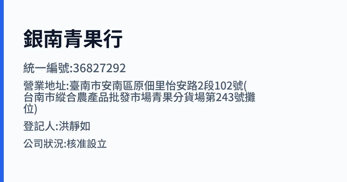 銀南青果行 - 統編 36827292(臺南市) 公司登記資料與營業項目詳細圖表