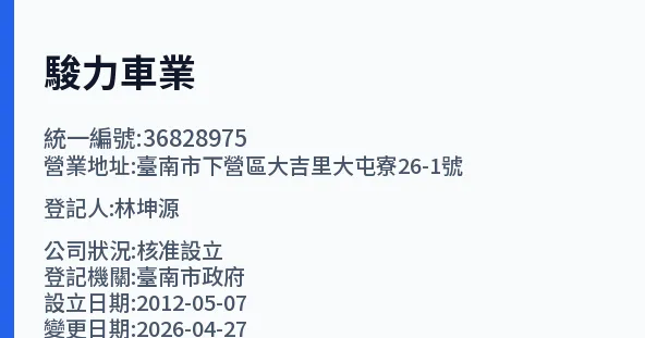 駿力車業的照片-統編 36828975(臺南市) 公司登記資料與營業項目詳細圖表