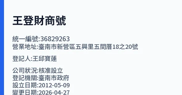 王登財商號的照片-統編 36829263(臺南市) 公司登記資料與營業項目詳細圖表
