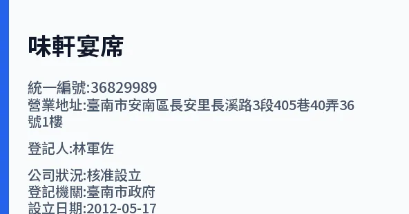 味軒宴席的照片-統編 36829989(臺南市) 公司登記資料與營業項目詳細圖表