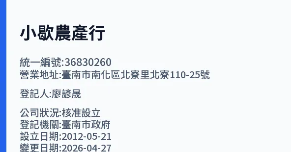 小歇農產行的照片-統編 36830260(臺南市) 公司登記資料與營業項目詳細圖表