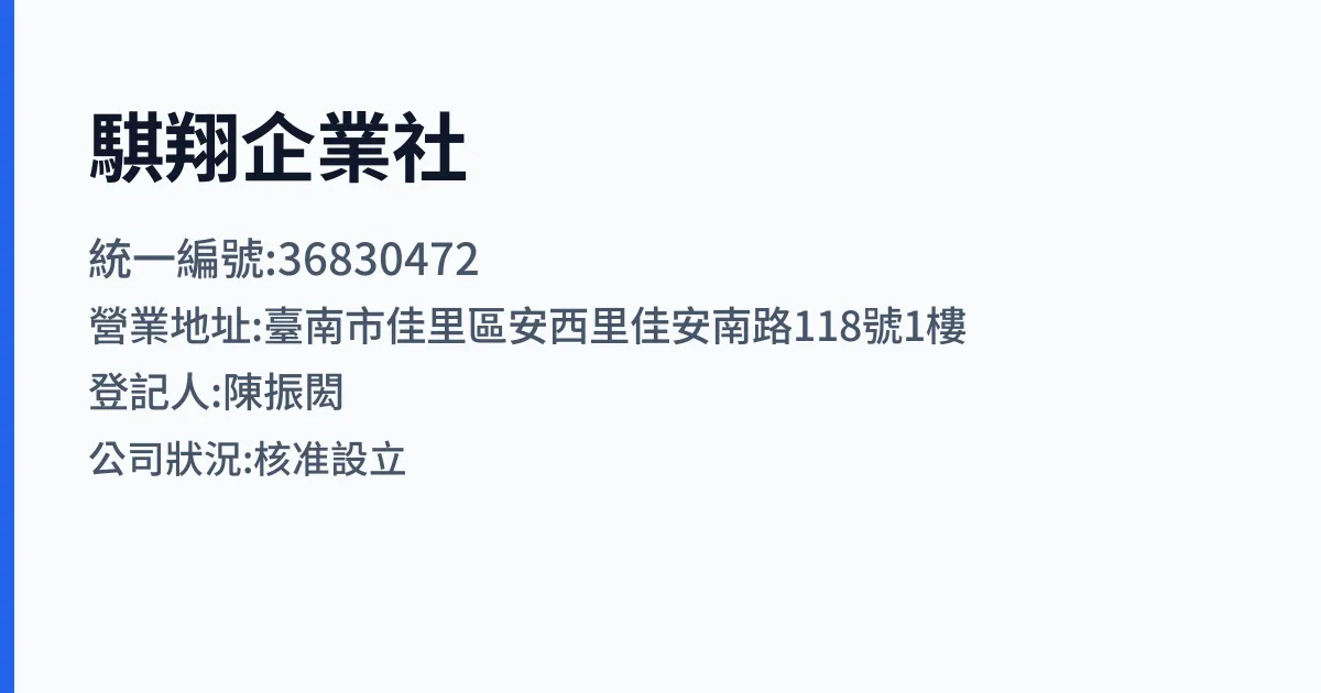 騏翔企業社 - 統編 36830472(臺南市) 公司登記資料與營業項目詳細圖表