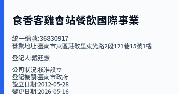 食香客雞會站餐飲國際事業的照片-統編 36830917(臺南市) 公司登記資料與營業項目詳細圖表