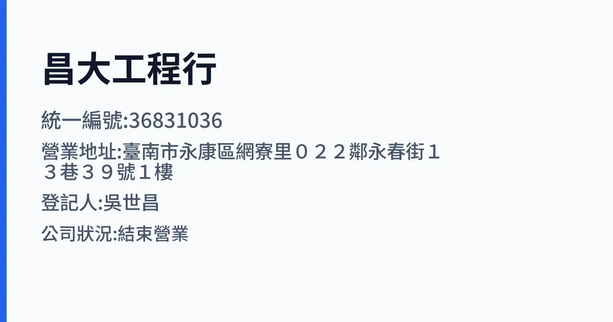 昌大工程行 - 統編 36831036(臺南市) 公司登記資料與營業項目詳細圖表