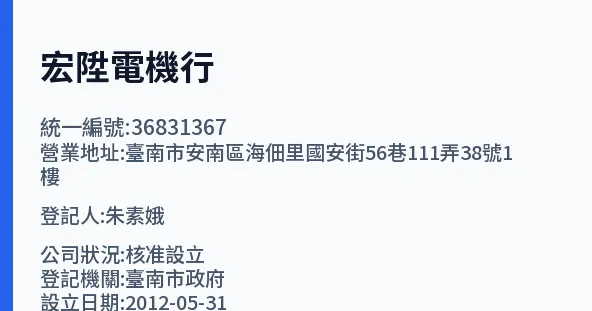 宏陞電機行的照片-統編 36831367(臺南市) 公司登記資料與營業項目詳細圖表