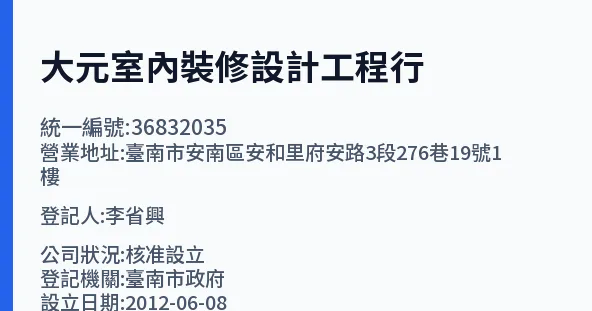 大元室內裝修設計工程行的照片-統編 36832035(臺南市) 公司登記資料與營業項目詳細圖表