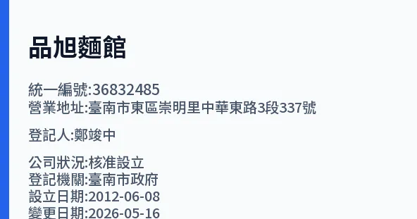 品旭麵館的照片-統編 36832485(臺南市) 公司登記資料與營業項目詳細圖表