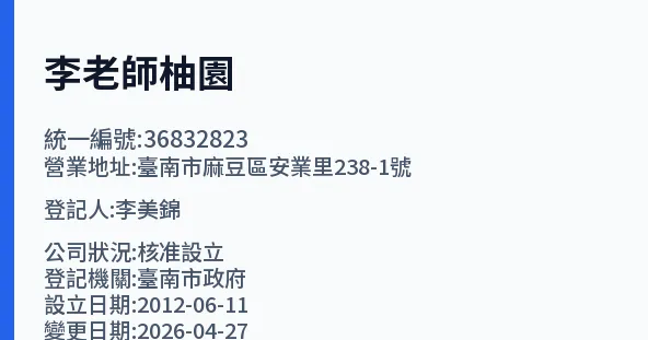 李老師柚園的照片-統編 36832823(臺南市) 公司登記資料與營業項目詳細圖表
