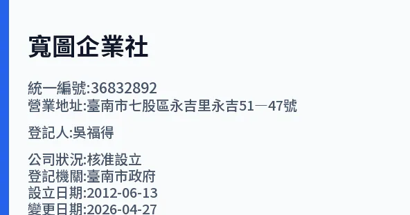 寬圖企業社的照片-統編 36832892(臺南市) 公司登記資料與營業項目詳細圖表