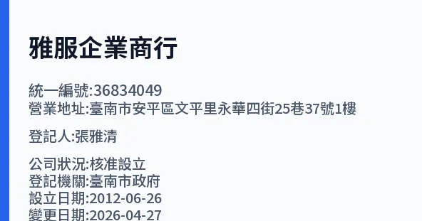 雅服企業商行的照片-統編 36834049(臺南市) 公司登記資料與營業項目詳細圖表